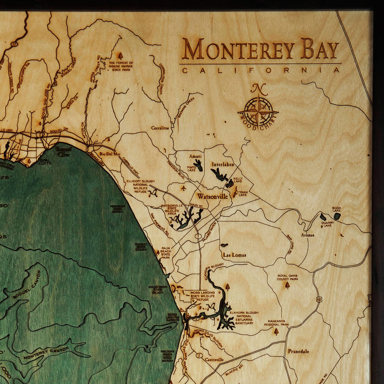 Monterey Bay Wooden Map Art | Topographic 3D Chart