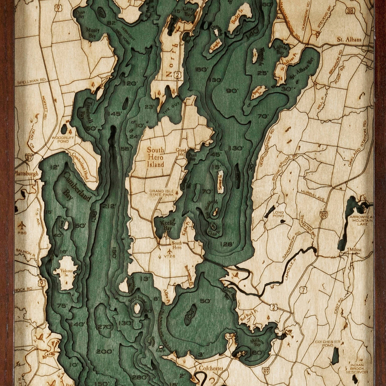 Lake Champlain Wooden Map Art | Topographic 3D Chart