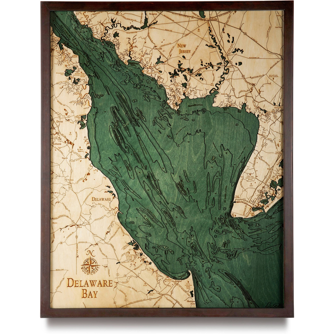 Delaware Bay Wooden Map Art | Topographic 3D Chart