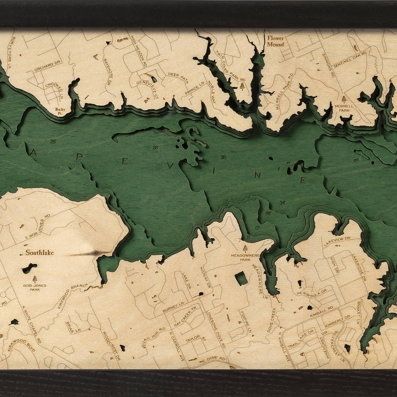 Grapevine Lake TX Wooden Map Art | Topographic 3D Chart