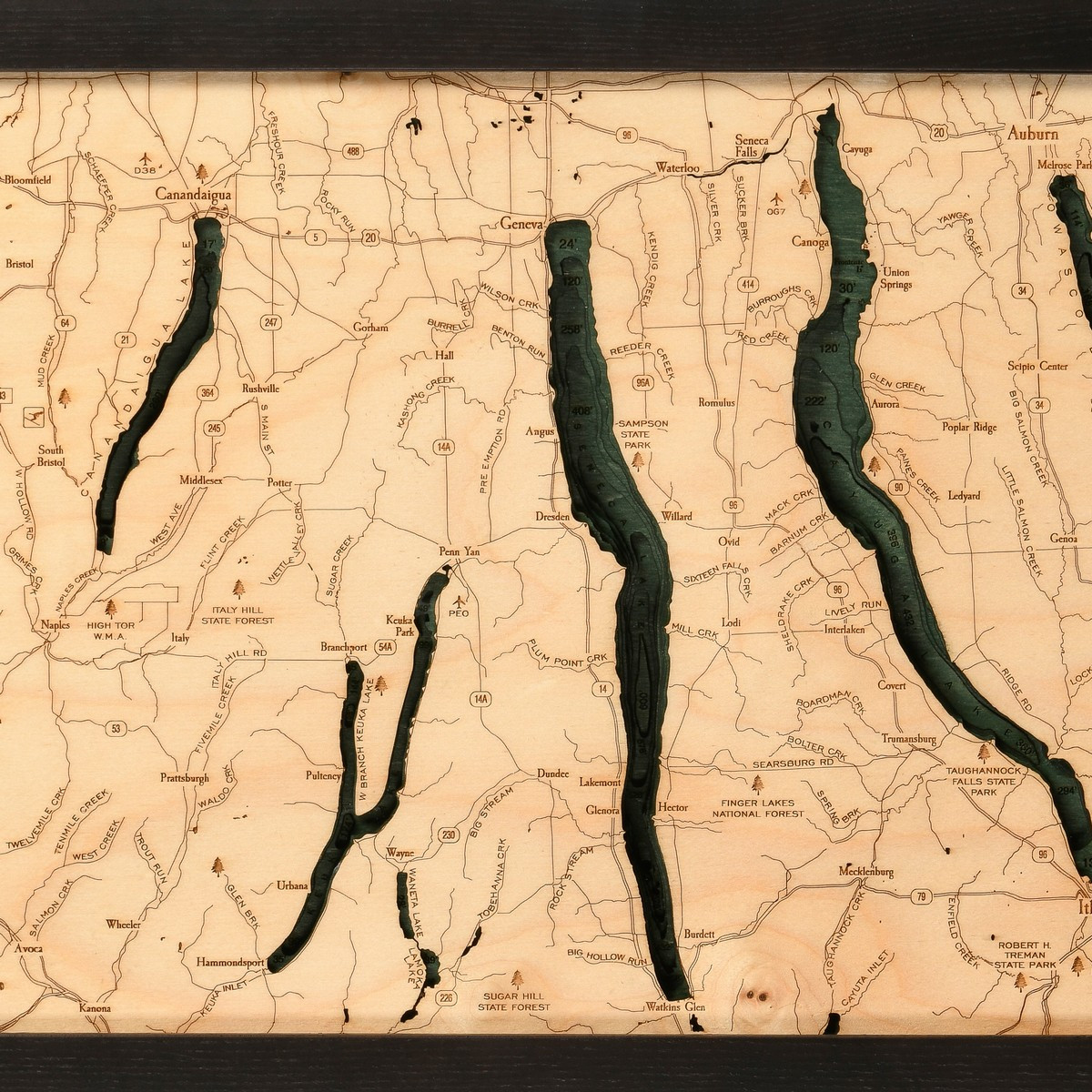 Finger Lakes NY Wooden Map Art | Topographic 3D Chart
