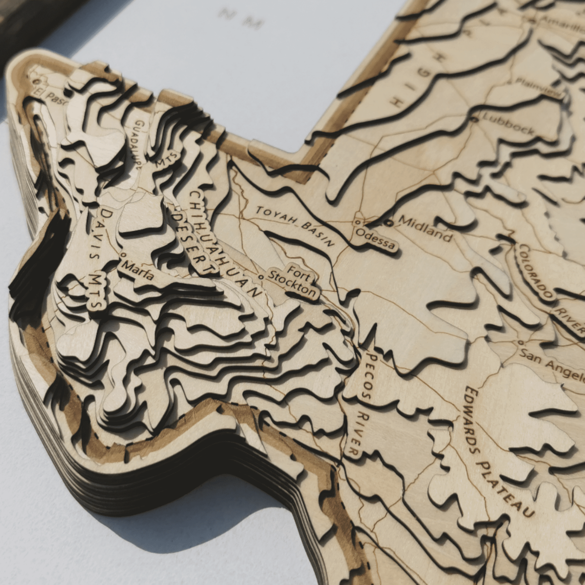 Texas 3D Topographic Wood Map