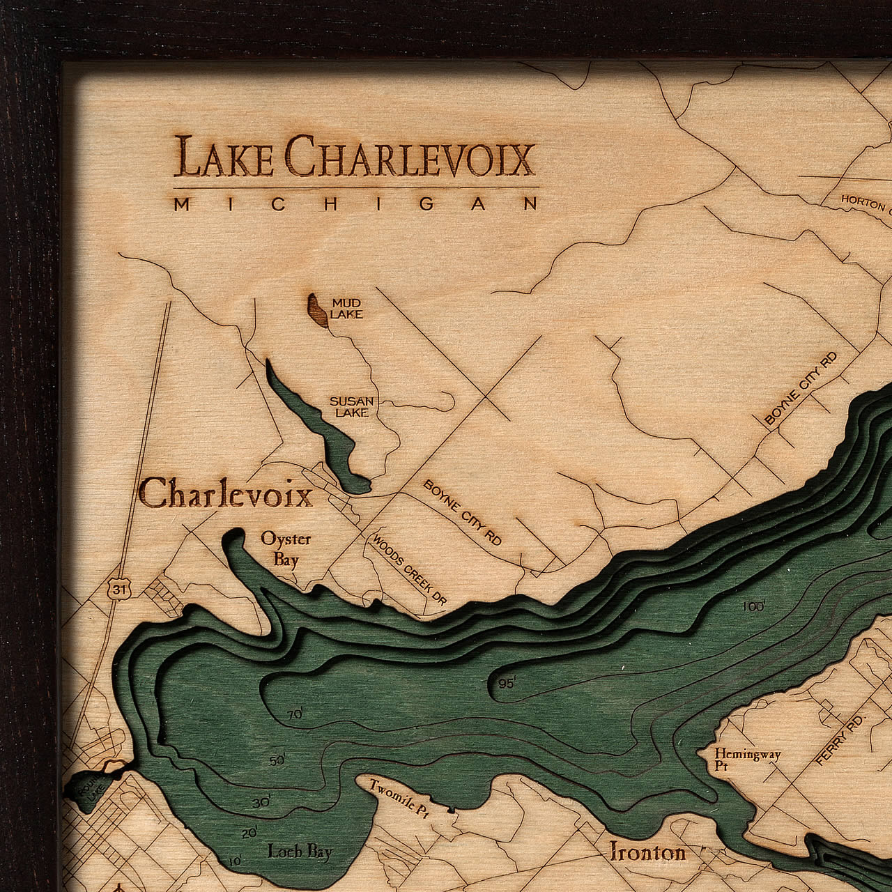 Lake Charlevoix Wooden Map Art | Topographic 3D Chart