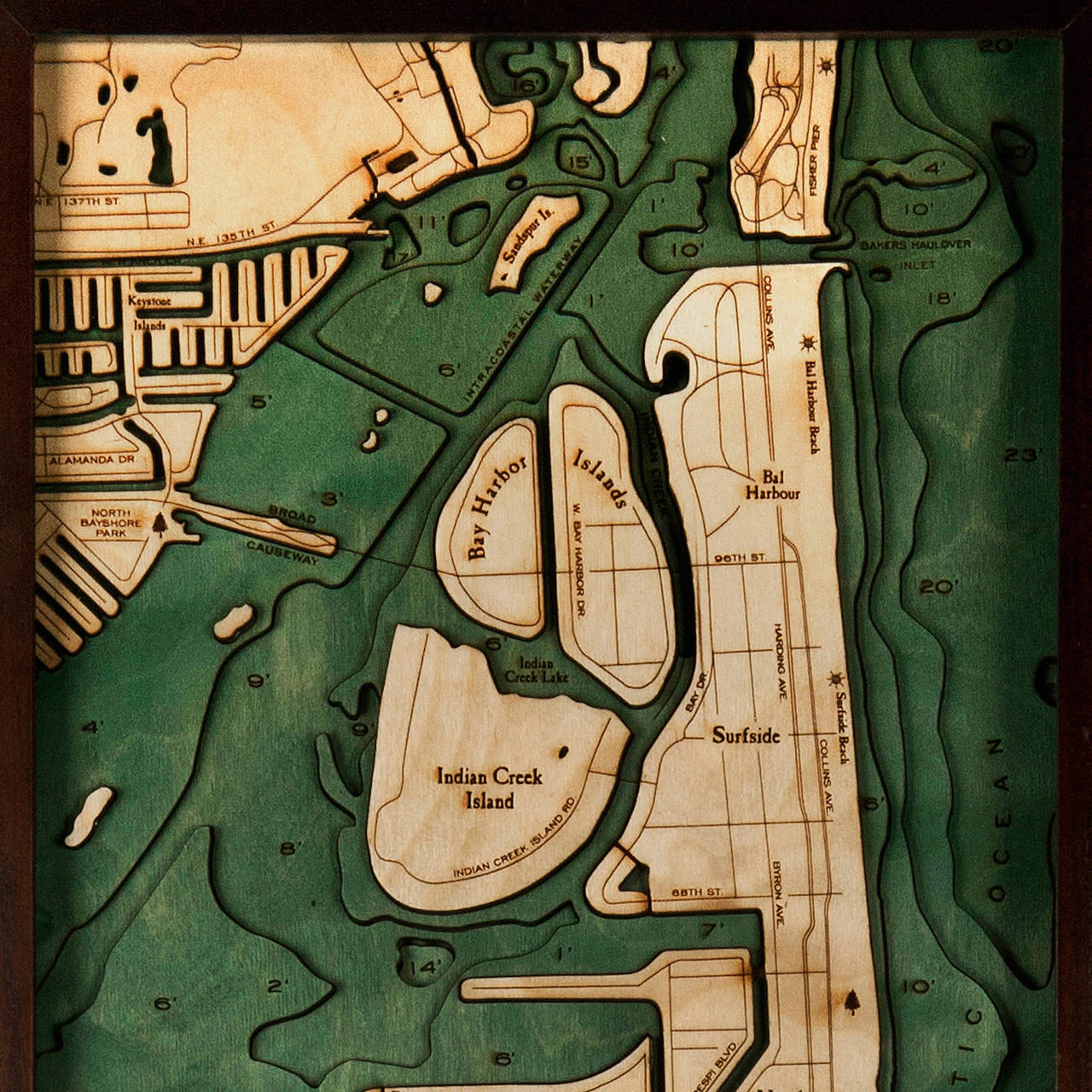 Miami Beach Wooden Map Art | Topographic 3D Chart