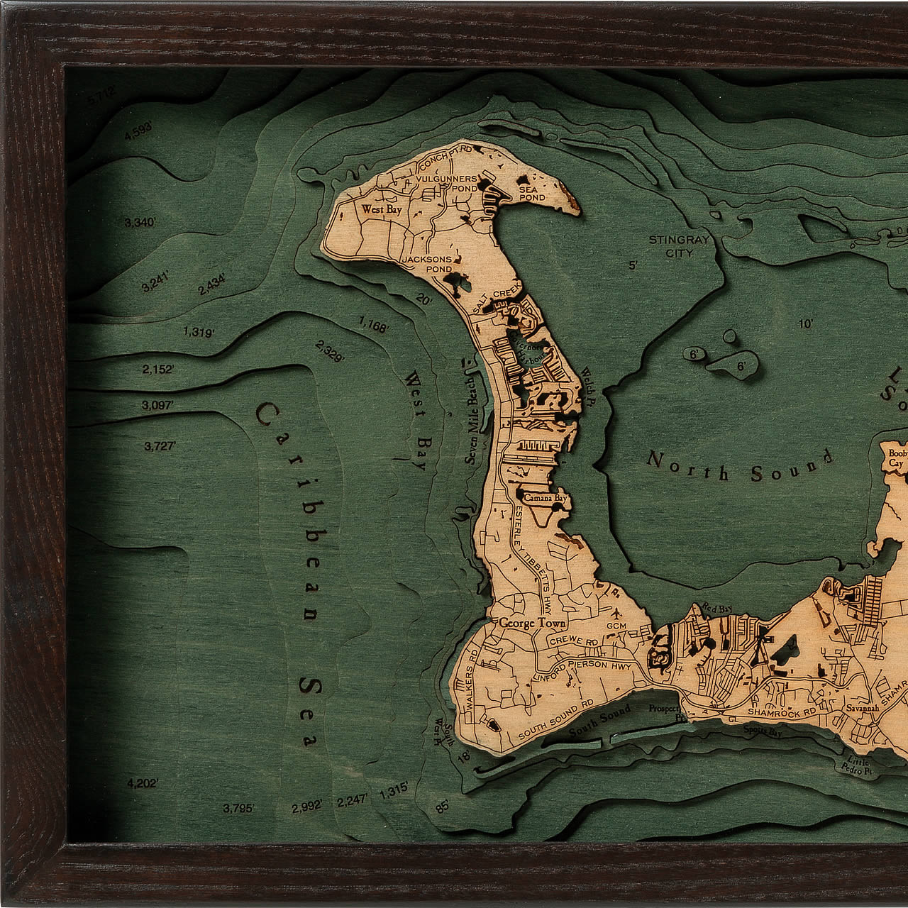 Grand Cayman Wooden Map Art | Topographic 3D Chart