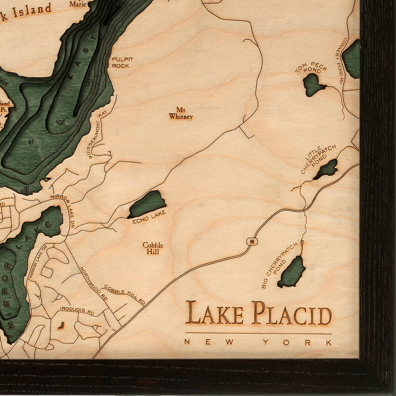 Lake Placid Wooden Map Art | Topographic 3D Chart