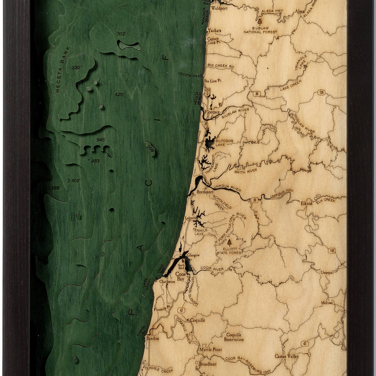 Oregon Coast Wooden Map Art | Topographic 3D Chart
