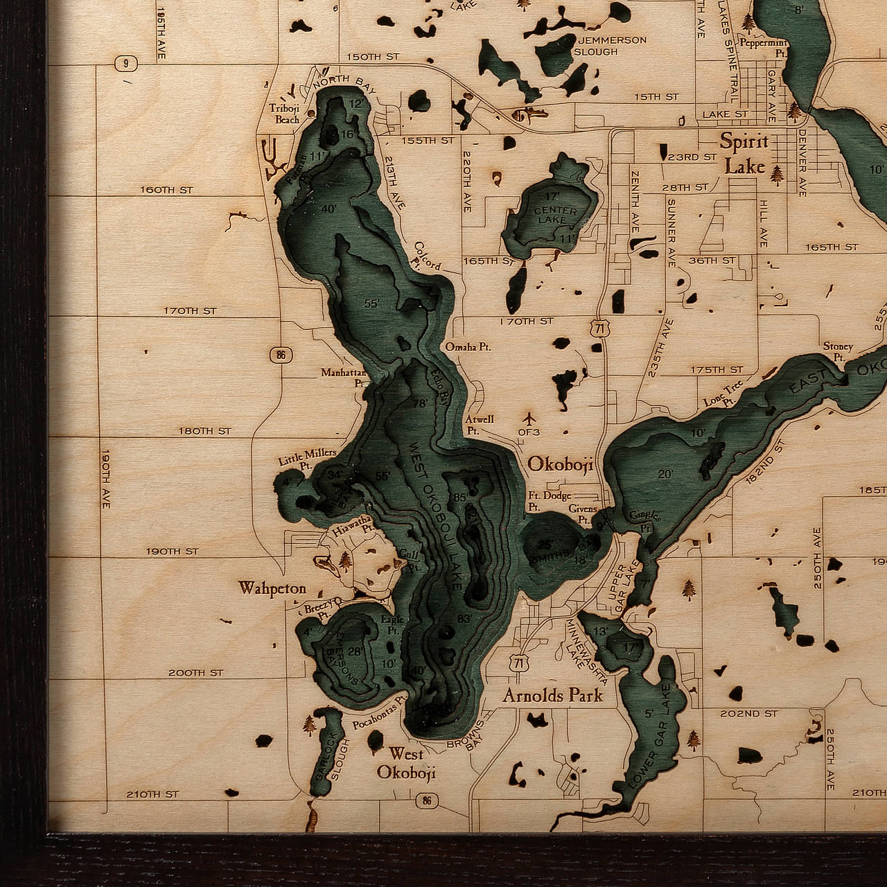 Lake Okoboji / Spirit Lake Wooden Map Art | Topographic 3D Chart