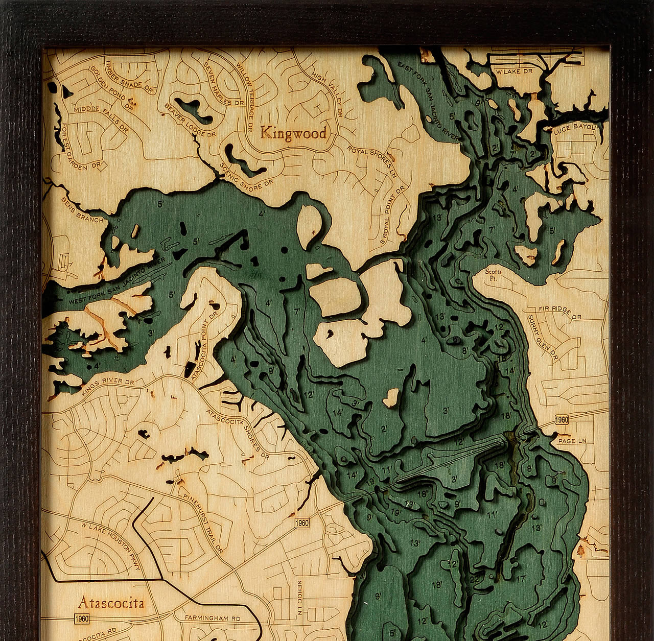 Lake Houston TX Wooden Map Art | Topographic 3D Chart