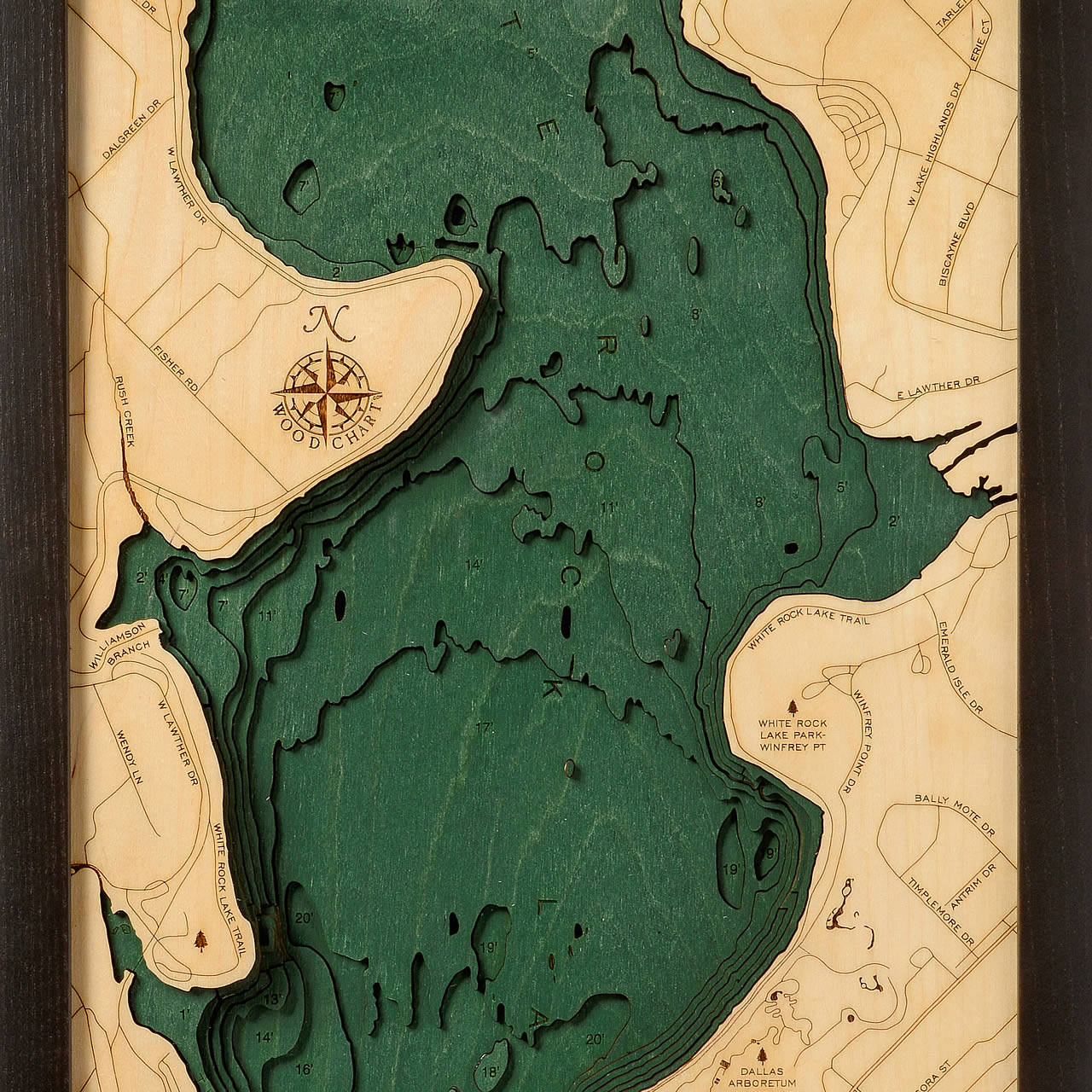 White Rock Lake TX Wooden Map Art | Topographic 3D Chart