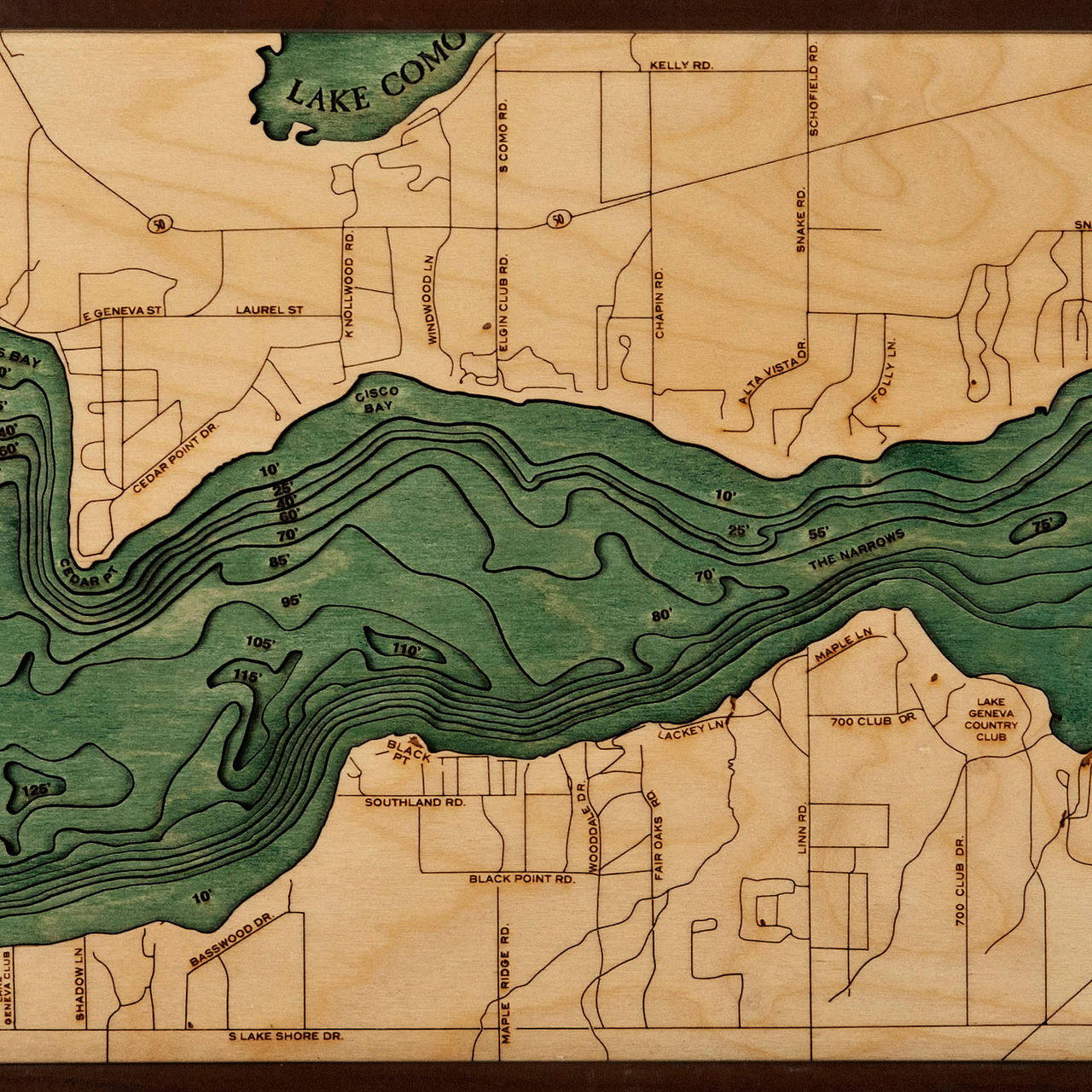 Lake Geneva Wooden Map Art | Topographic 3D Chart