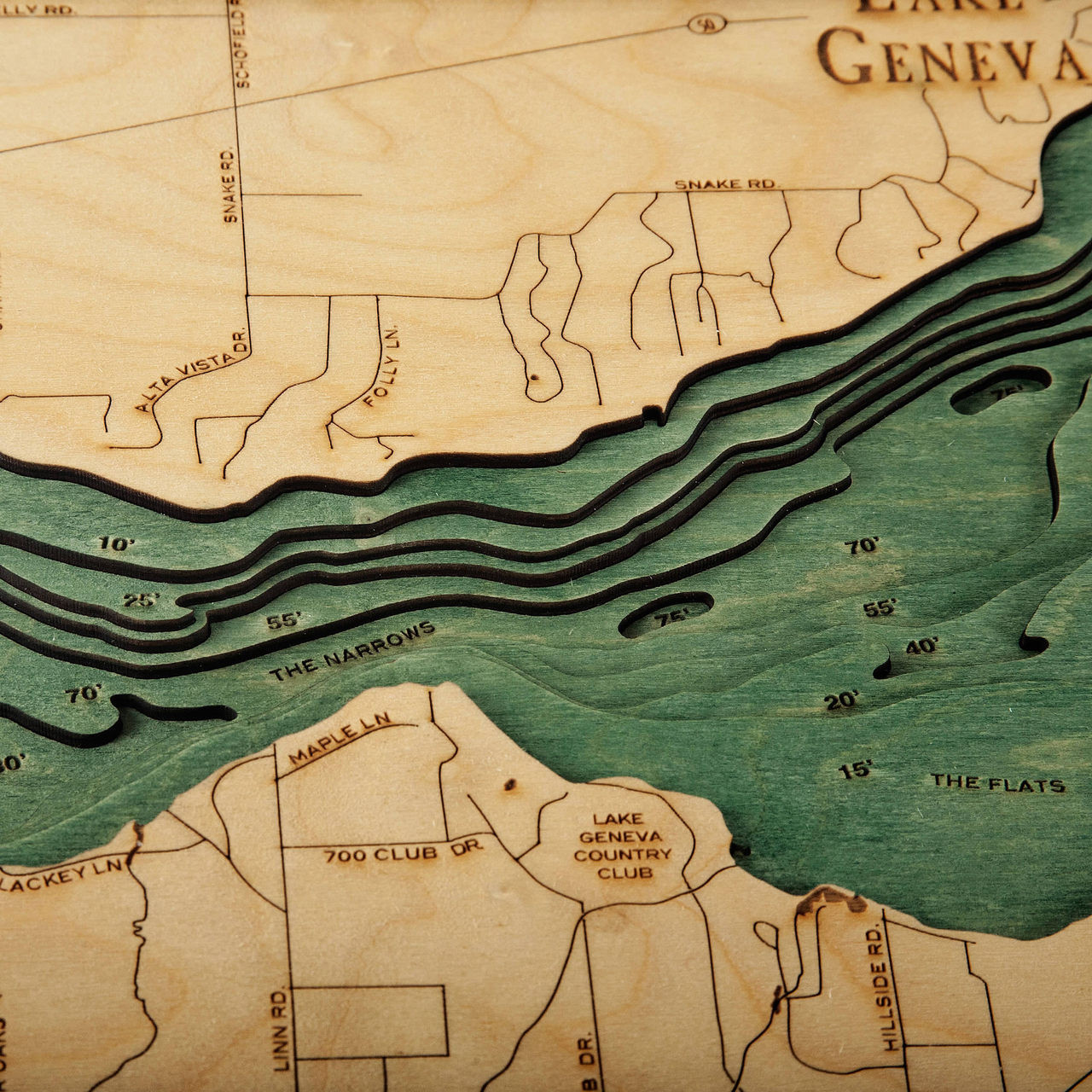 Lake Geneva Wooden Map Art | Topographic 3D Chart