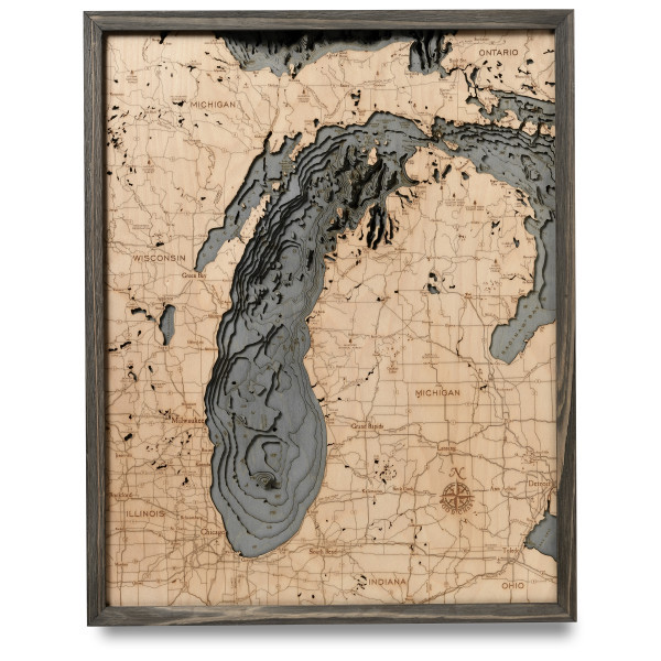 Lake Michigan Wooden Map Art | Topographic 3D Chart