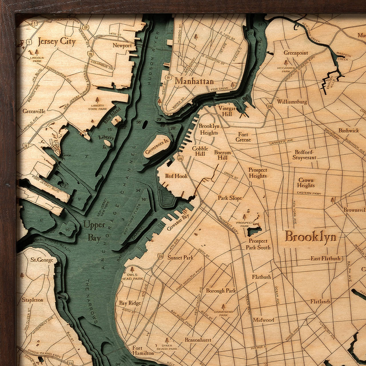 Brooklyn Wooden Map Art | Topographic 3D Chart