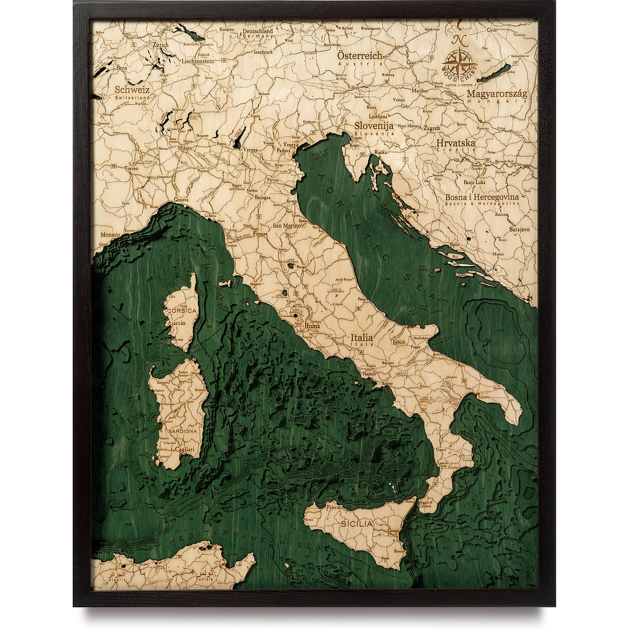 Italy Wooden Map Art | Italian Republic | Topographic 3D Chart