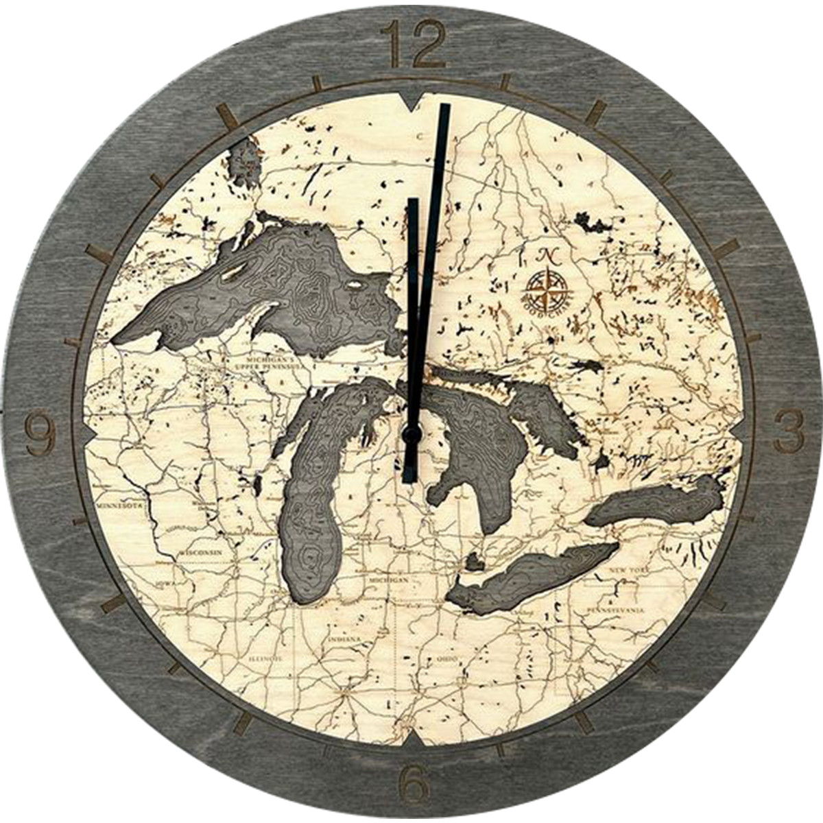 Great Lakes Wooden Wall Clock | Michigan | Nautical 3D Chart