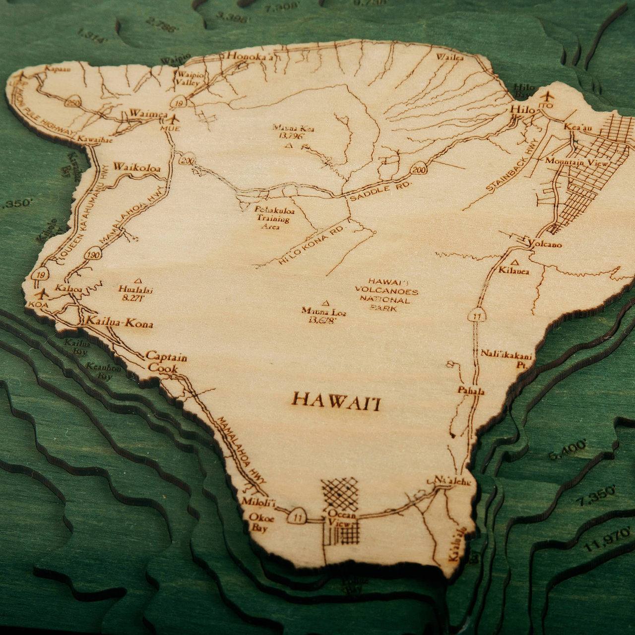 Hawaiian Islands Wooden Map Art | Topographic 3D Chart