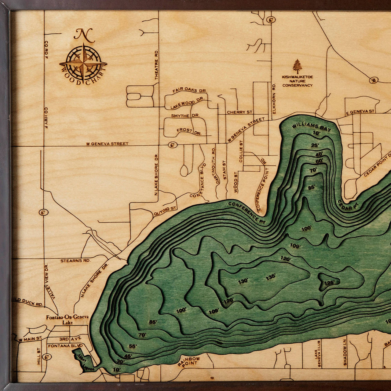 Lake Geneva Wooden Map Art | Topographic 3D Chart