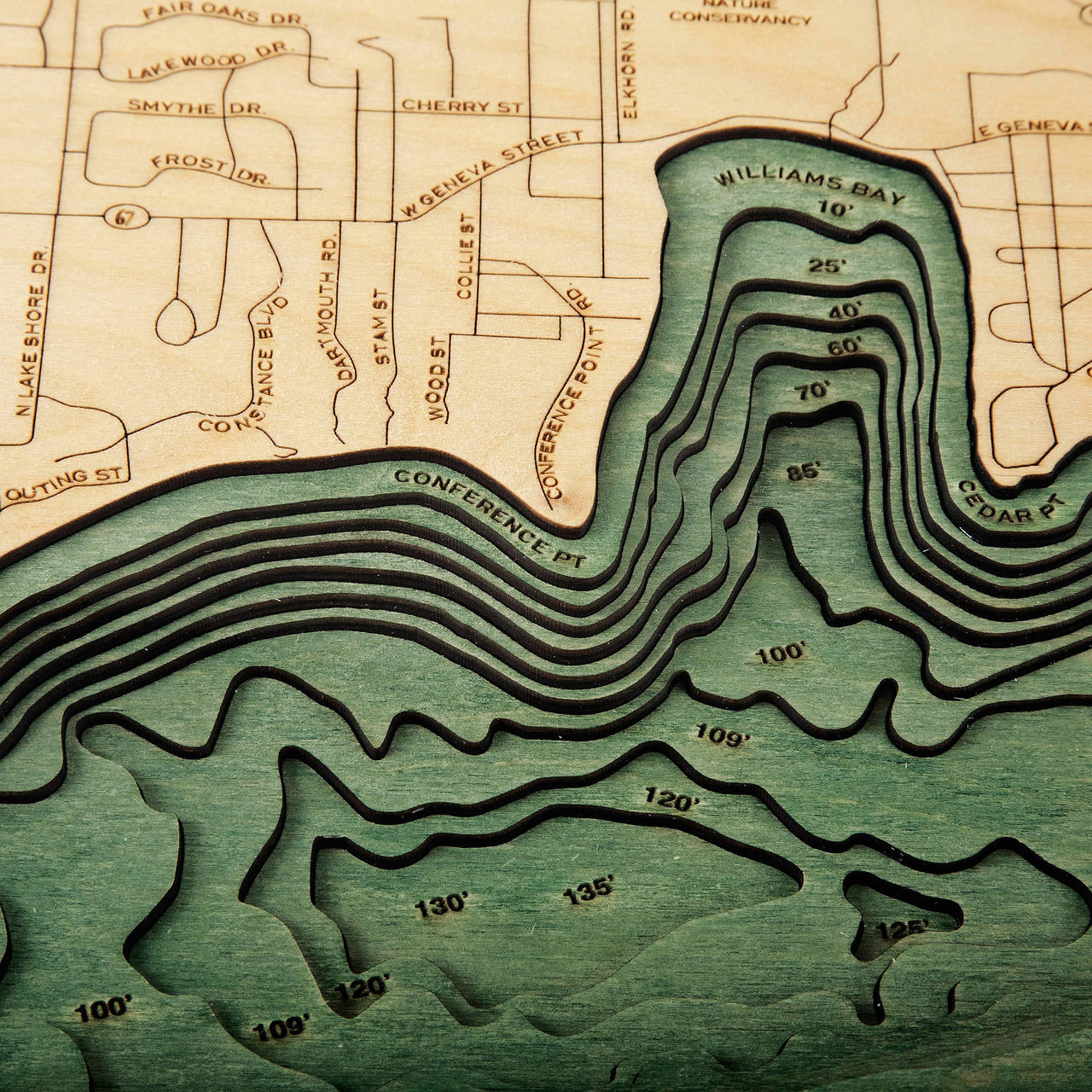 Lake Geneva Wooden Map Art | Topographic 3D Chart
