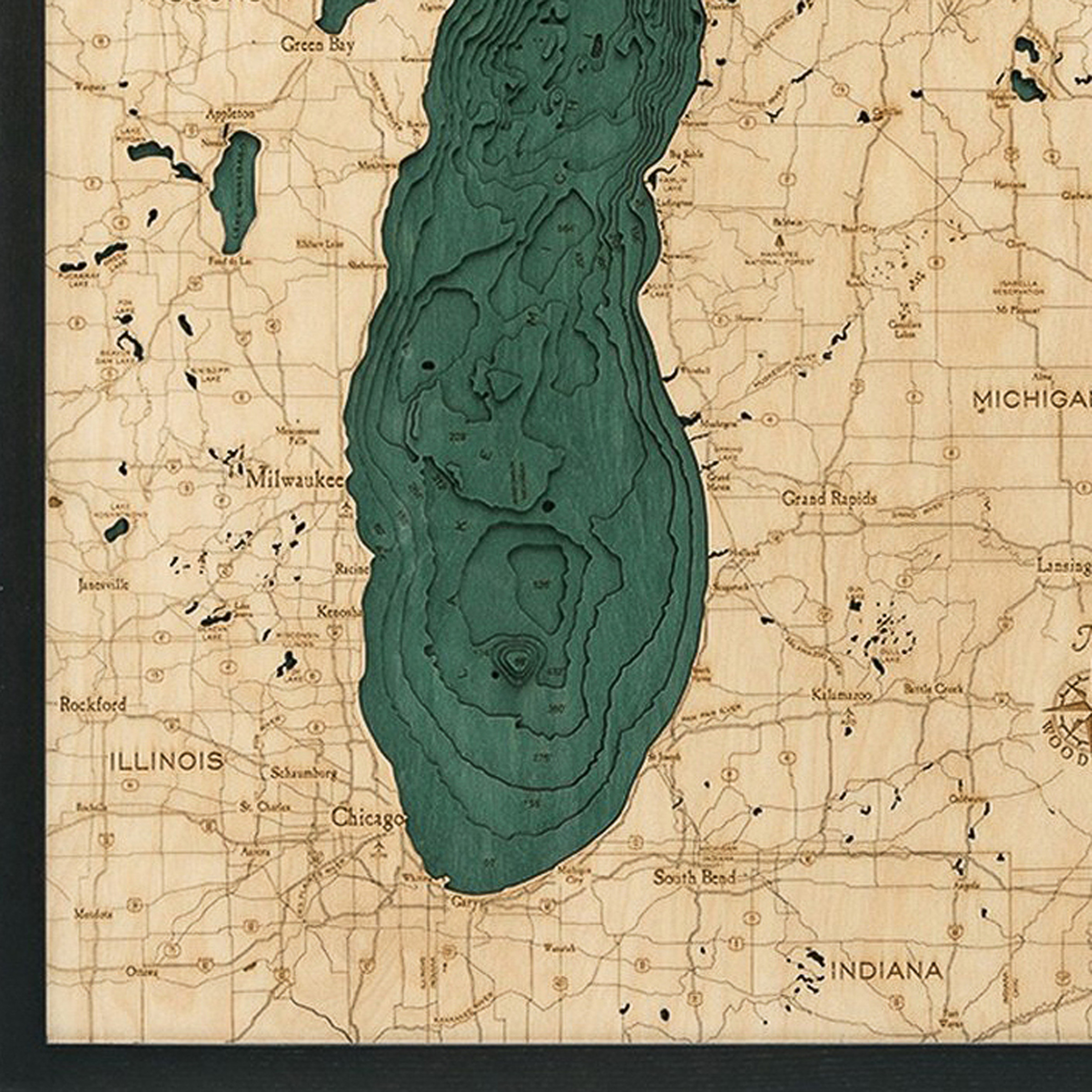 Lake Michigan Wooden Map Art | Topographic 3D Chart
