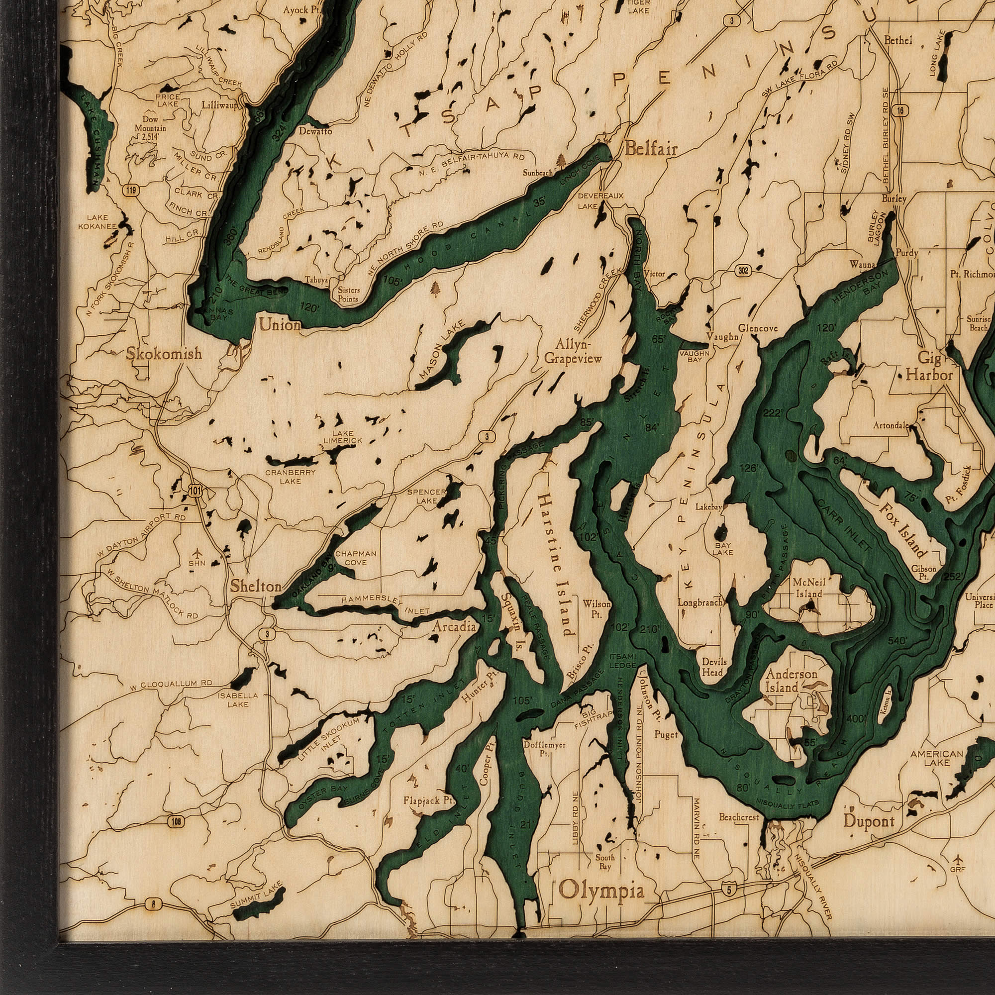 Puget Sound Wooden Map Art | Topographic 3D Chart
