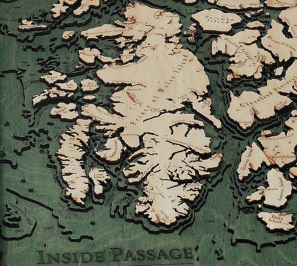 Inside Passage Wooden Map Art | Topographic 3D Chart