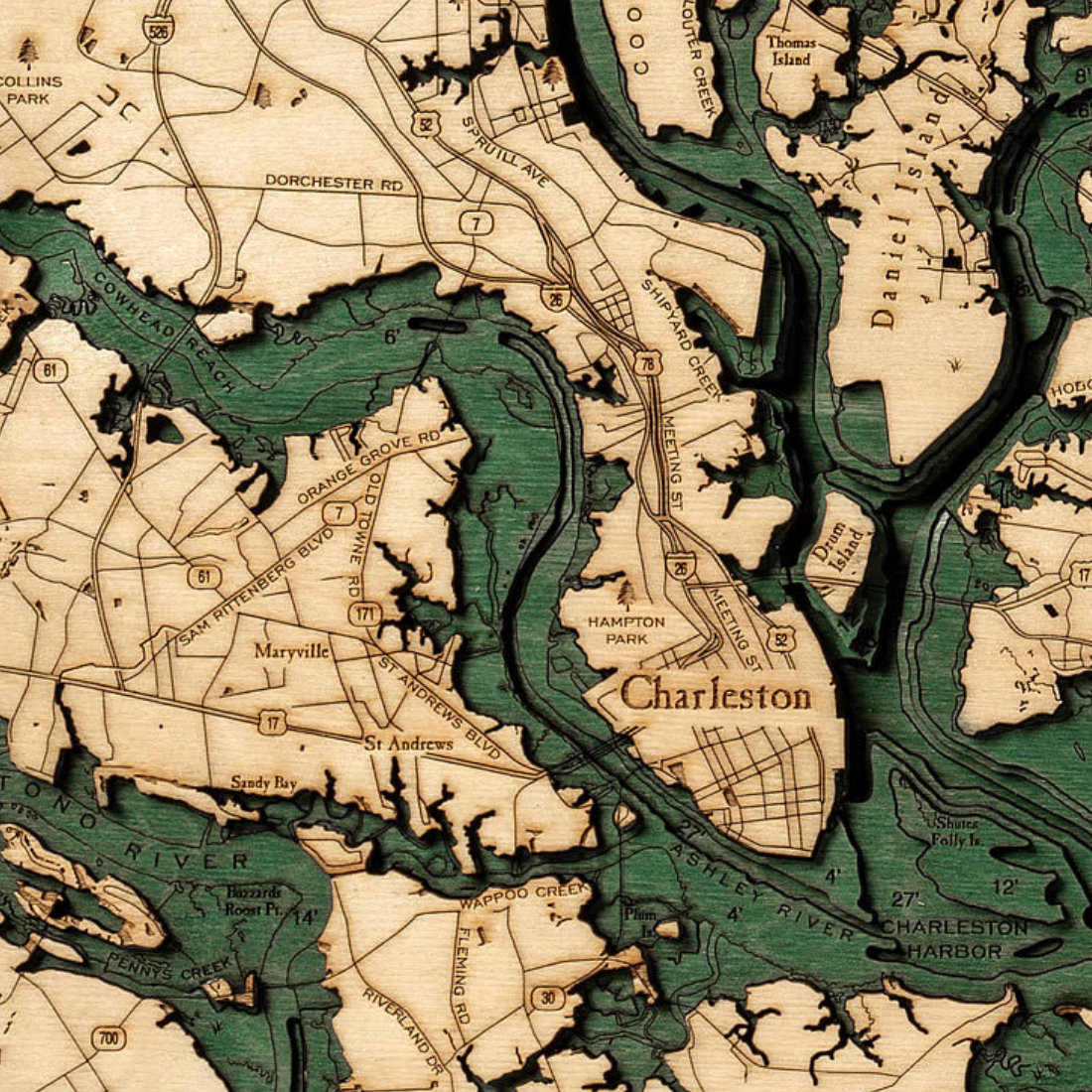 Charleston Wooden Map Art | Topographic 3D Chart
