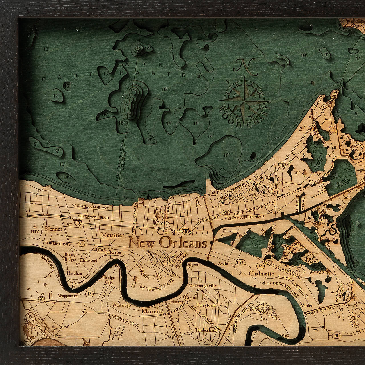 New Orleans Wooden Map Art | Topographic 3D Chart