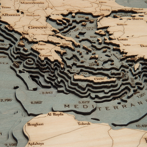 Mediterranean Sea Wooden Map Art | Topographic 3D Chart