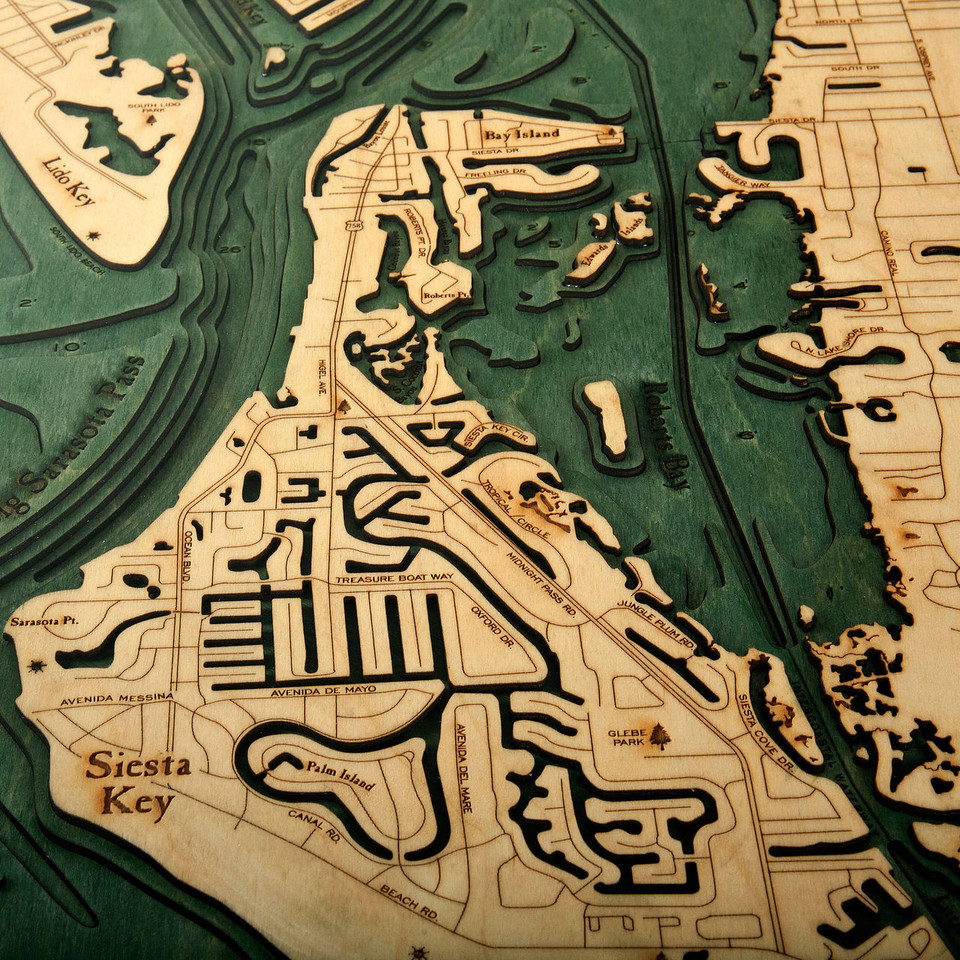 Lido Key - Siesta Key Wooden Map Art | Topographic 3D Chart