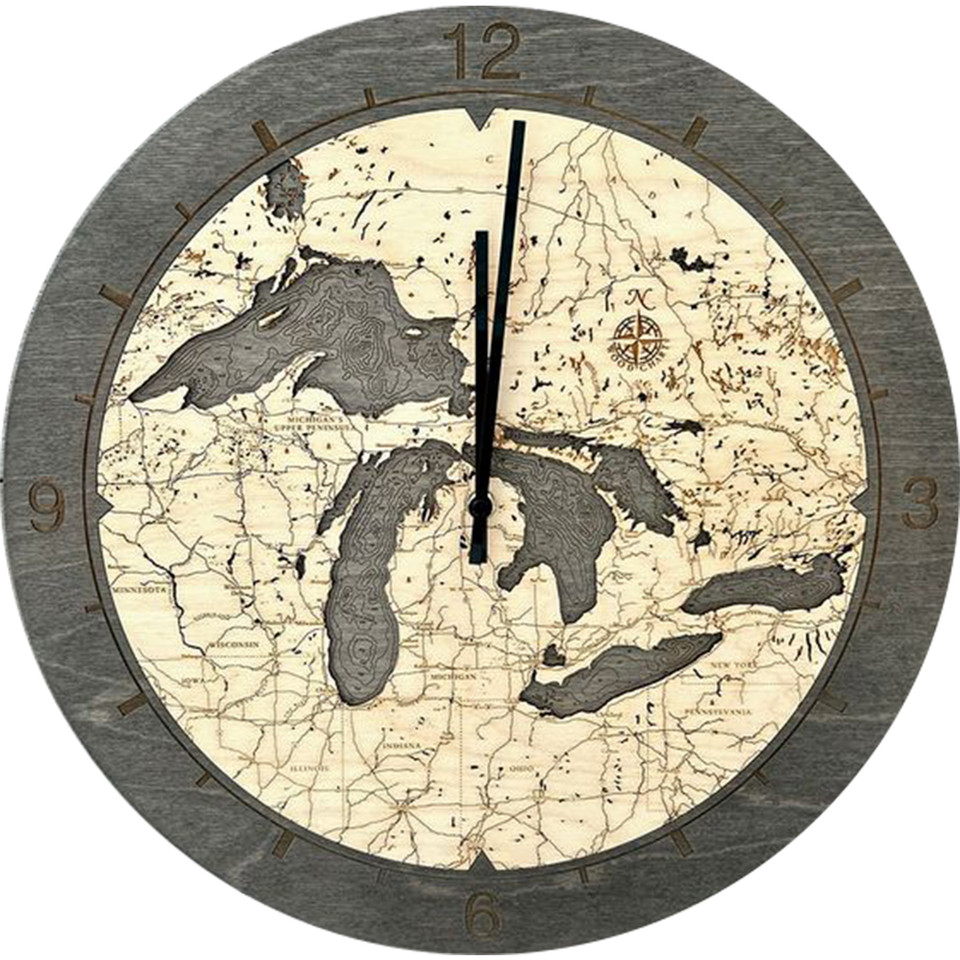 Great Lakes Wooden Wall Clock | Michigan | Nautical 3D Chart