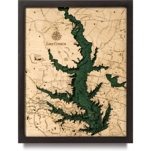 Lake Conroe TX Wooden Map Art | Topographic 3D Chart