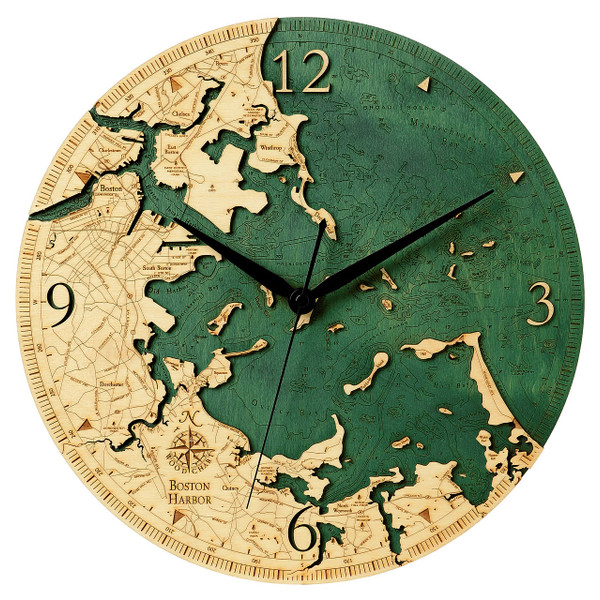 Boston Harbor MA Wooden Wall Clock | Nautical 3D Chart