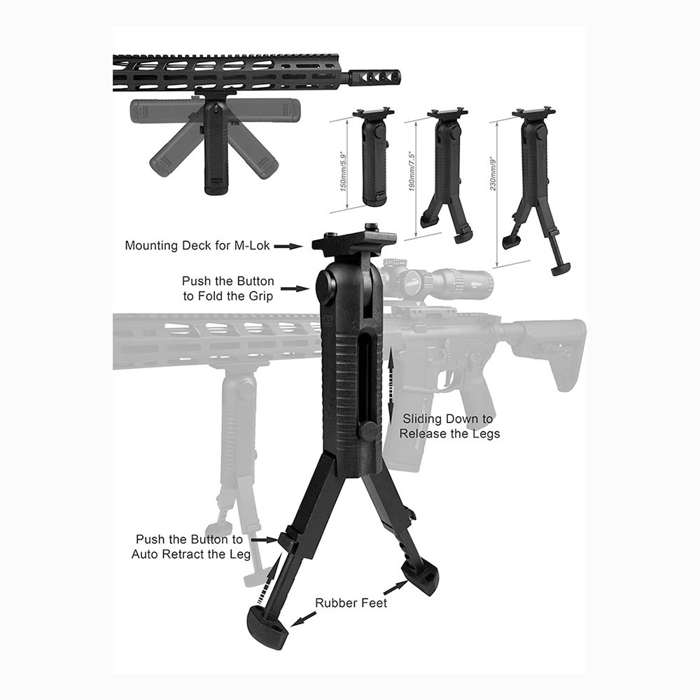 Ade Advanced Optics M-LOK Folding 5 Position Grip BIPOD 7.5"-9 ...