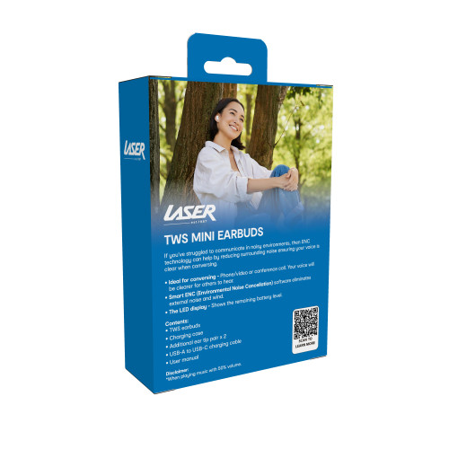 Laser Mini TWS Earbuds White - Clear Voice & Long Life
