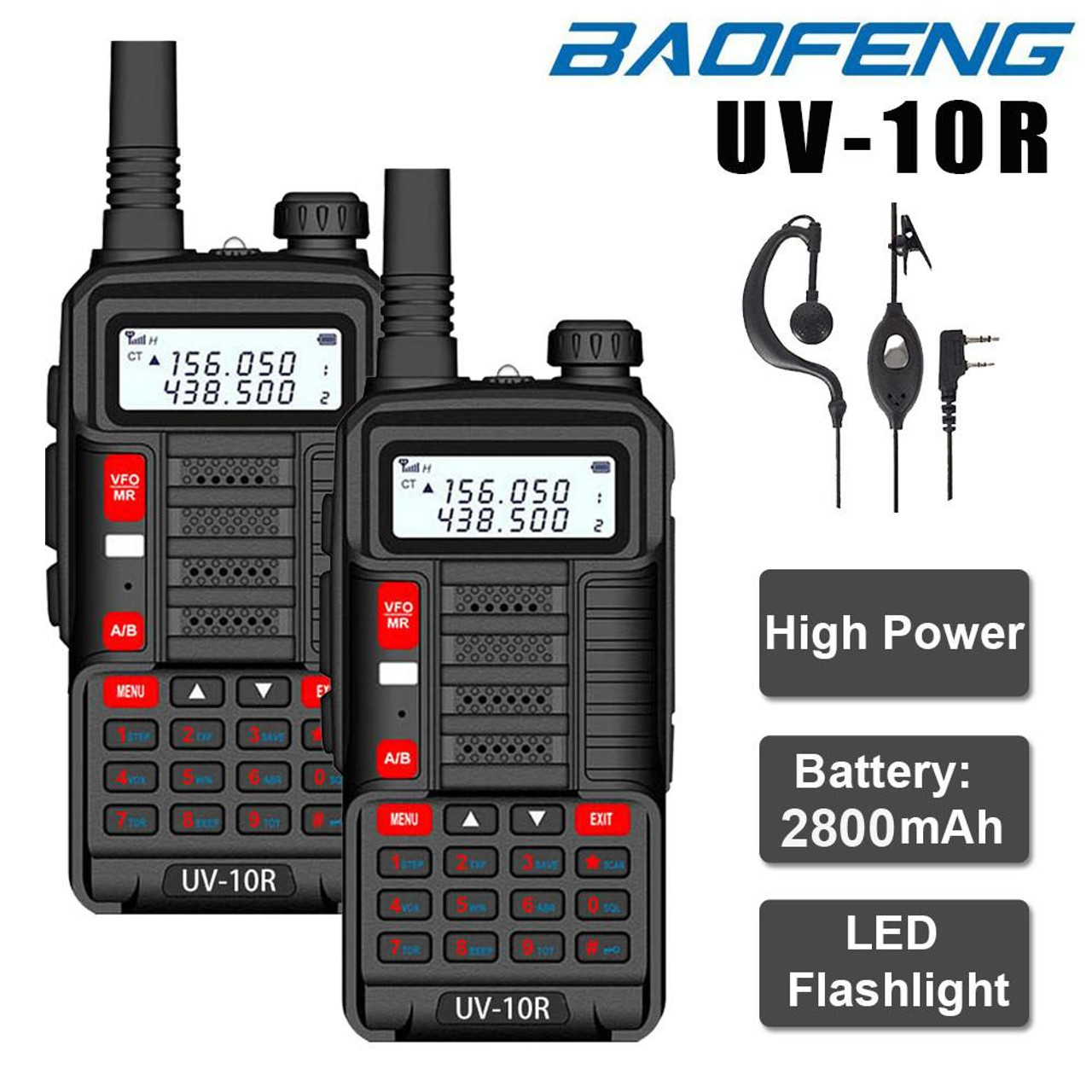 2 X BAOFENG UV-10R 10W Dual-Band VHF UHF Walkie Talkies Long Range FM Two Way Radio Black Walkie ...
