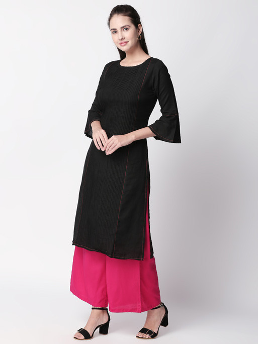 Ethnicity Pleated Black Long Kurta Tunic with Bell Sleeves - In-Sattva