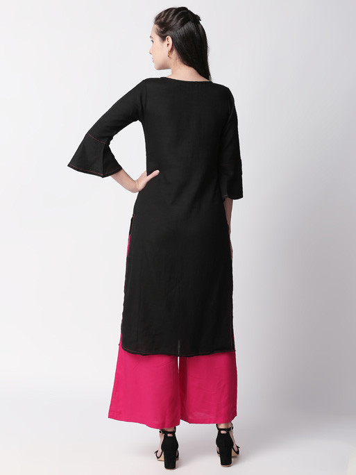 Ethnicity Pleated Black Long Kurta Tunic with Bell Sleeves - In-Sattva