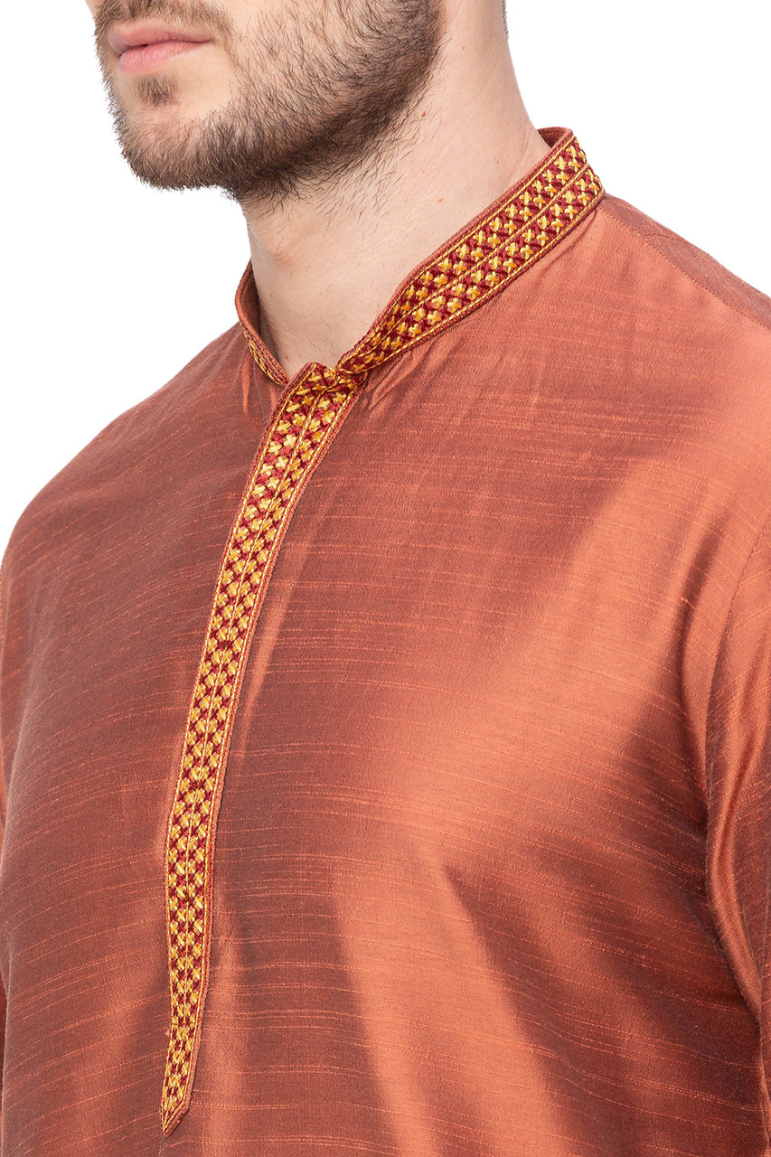 Men's Kurta Tunic : Rust Shade with Embroidered Collar | In-Sattva