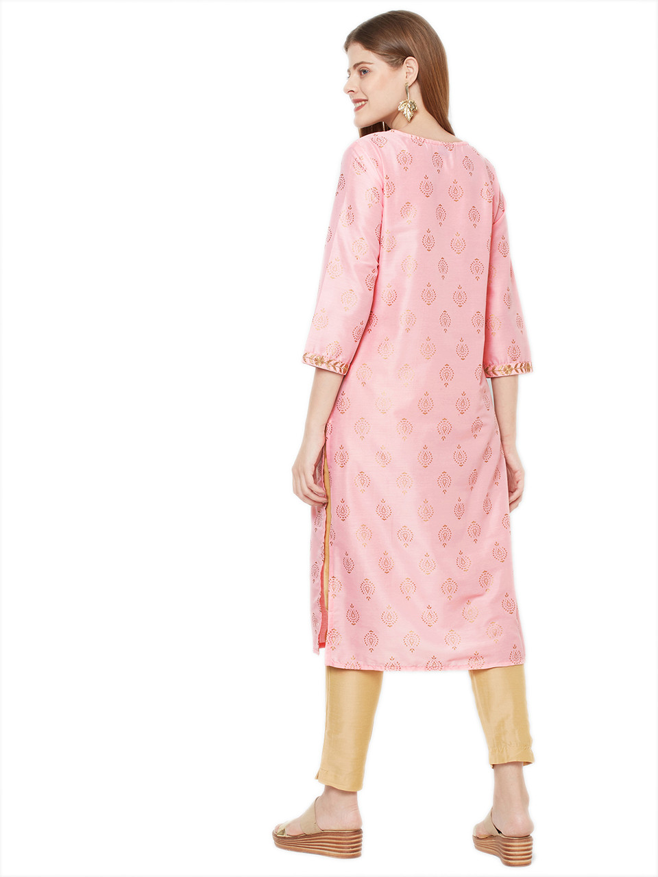 Women's Kurta Tunic | Golden Leaf Embroidered Neckline Block Print Rose ...