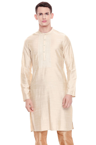 Men's Indian Kurta Tunic : Black with Embroidered Collar | In-Sattva