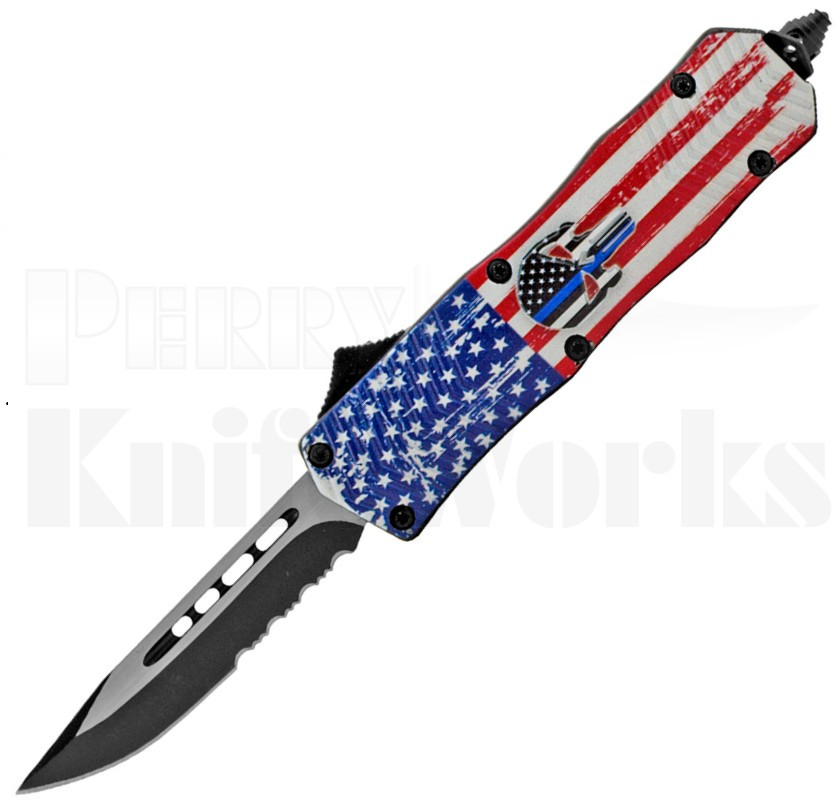 Delta Force Punisher US Flag OTF Automatic Knife l Two-Tone Serr
