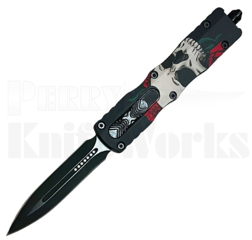 Delta Force Automatic OTF Skull & Rose Knife l Black Blade