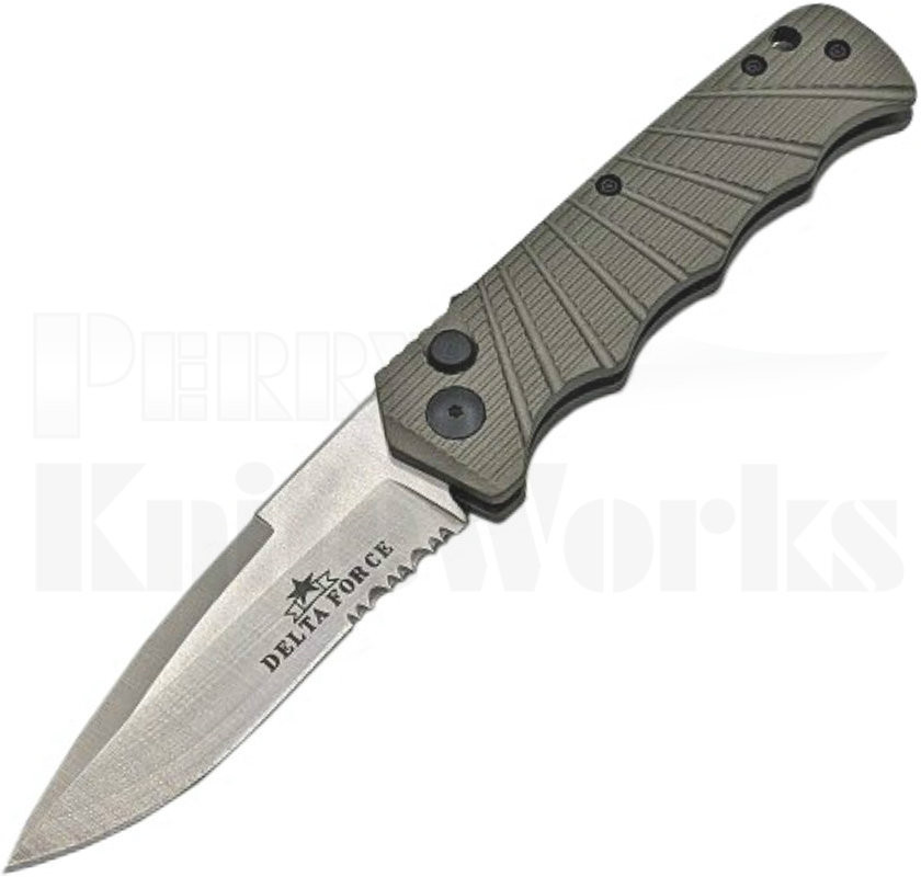 Delta Force Automatic Knife Gray Aluminum l Satin Serrated l Perry..