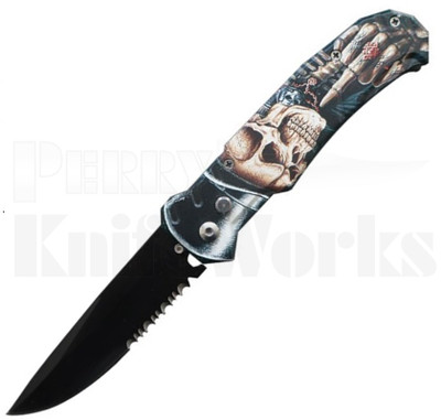 Delta Force Heavy Duty Top Hat Skull Automatic Knife l Black Serrated