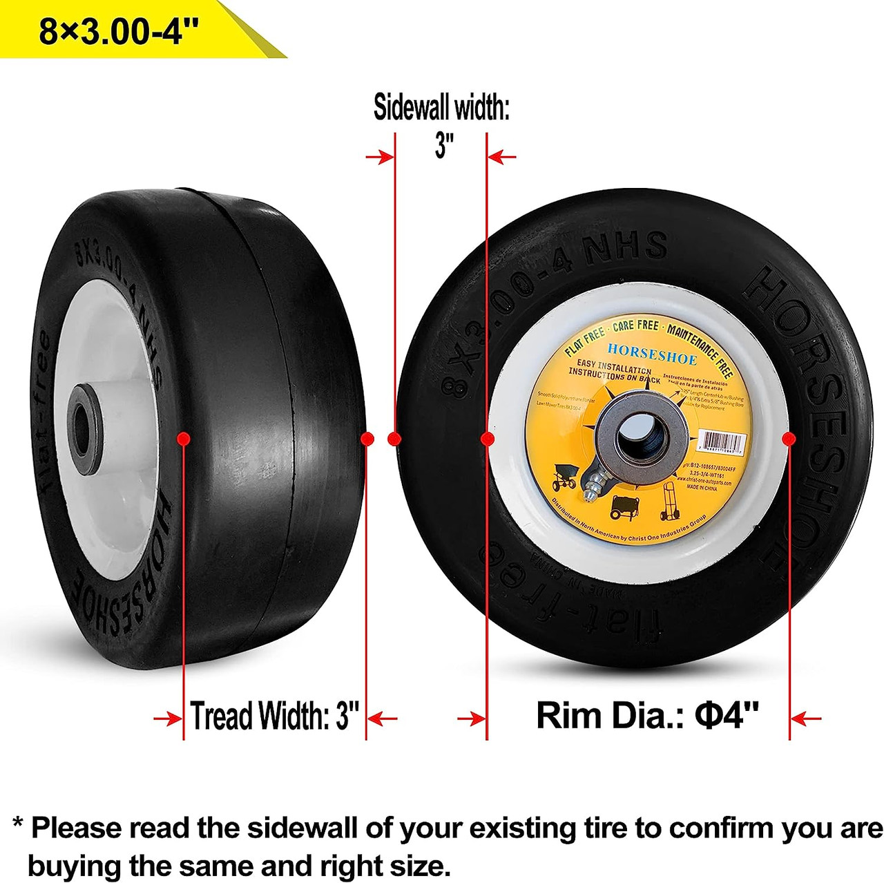 (2-Pks) New 8x3.00-4 Flat-Free Smooth Tires w/Steel Rim for Lawn Mowers ...