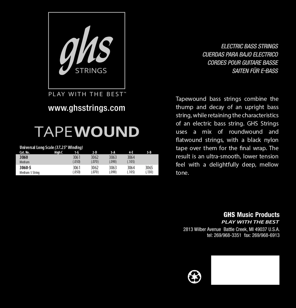 GHS Black Nylon Tape Wound 5-String Bass Strings 50-130 - the f-hole