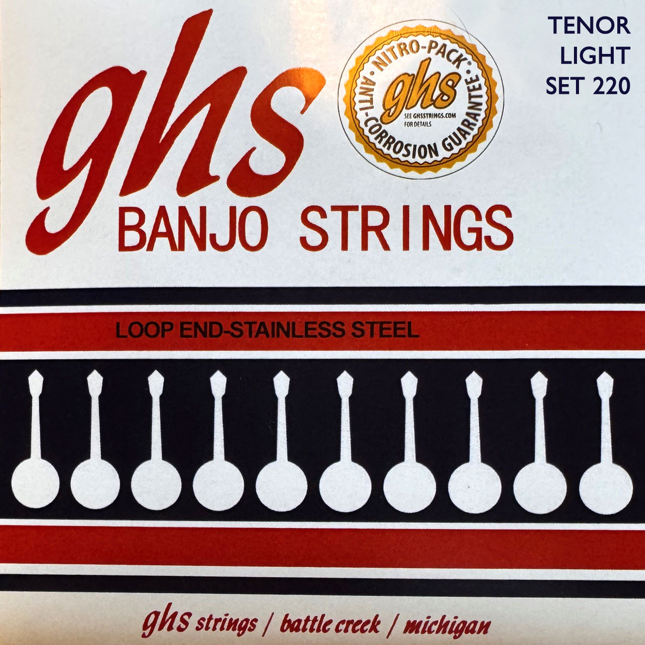 GHS Tenor Light Stainless Steel 4-String Banjo Strings 10.5-28 - the f-hole