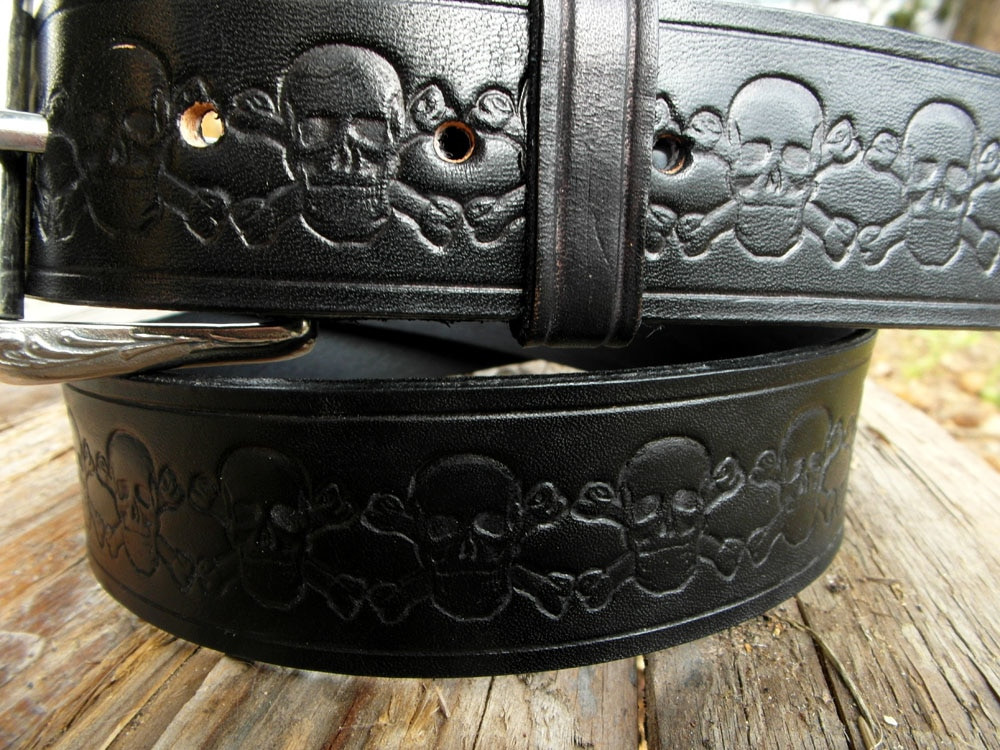 Leather Belt with Skull and Crossbones