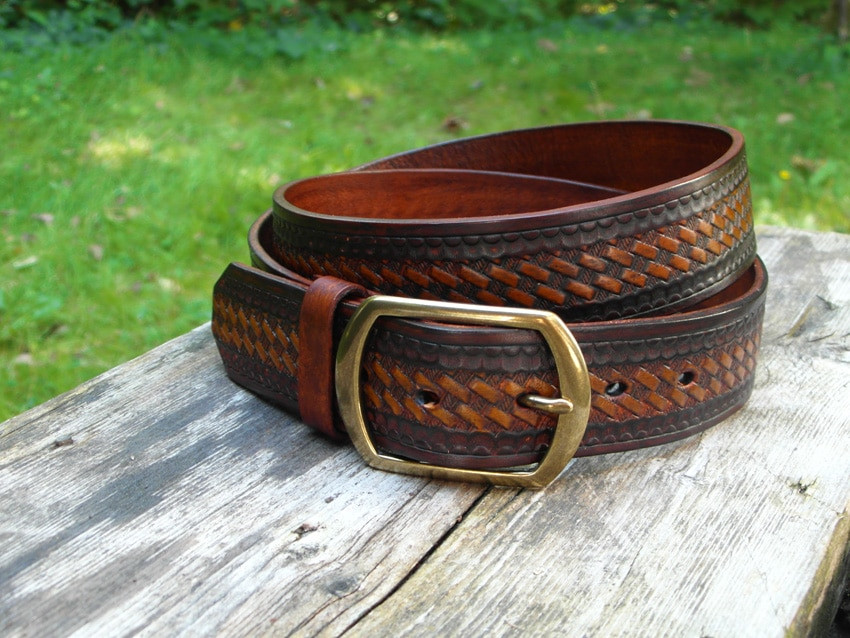 Tooled Basket Weave Leather Belt